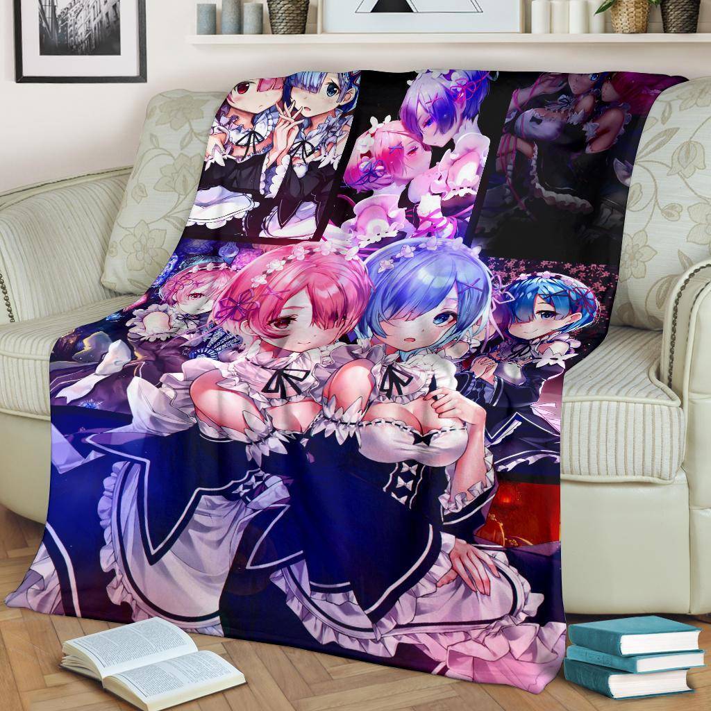 Anime Ram And Rem Anime Girl Re Zero Premium Fleece Sherpa Blanket ...